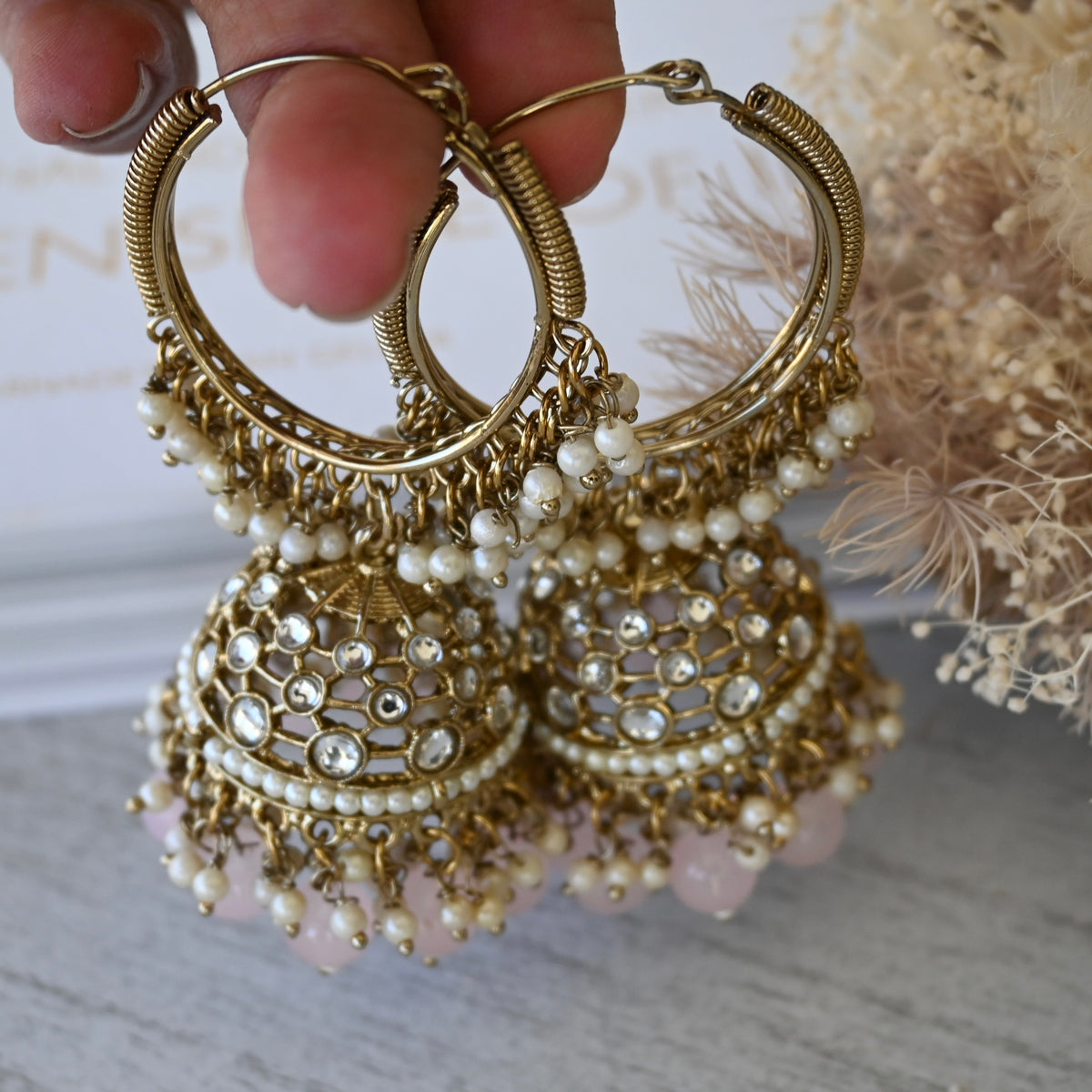 AMBAR ~ large jhumka earrings in pastel pink and antique gold – The Luxe Range